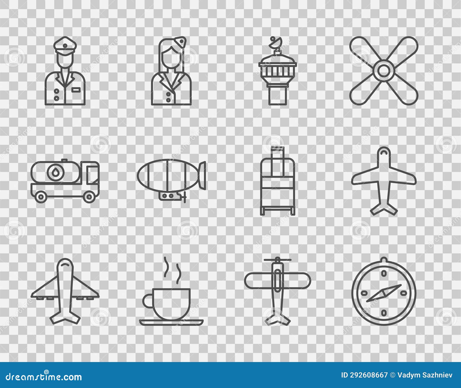 Set Line Plane, Compass, Radar, Coffee Cup, Pilot, Airship, and Icon ...