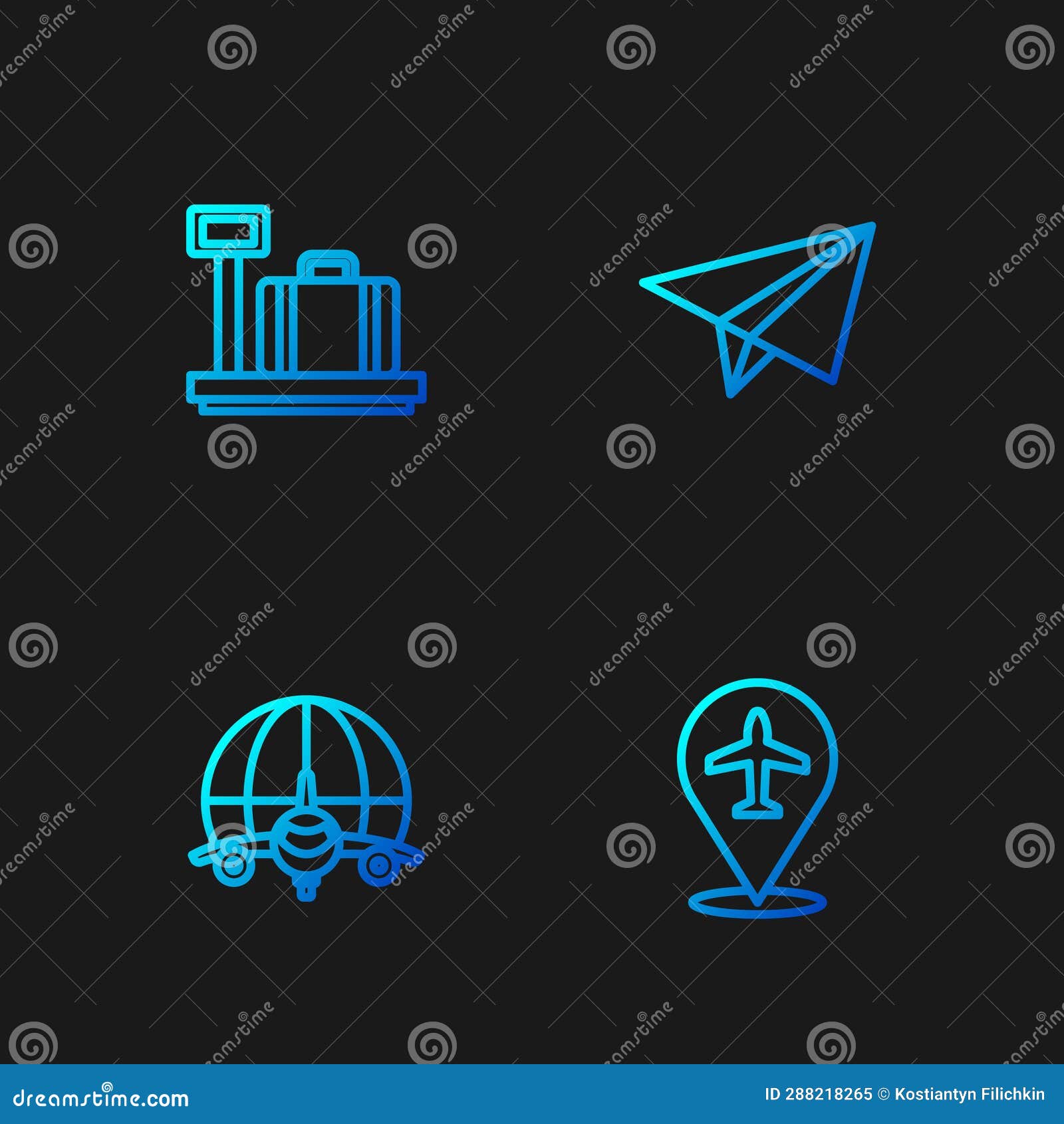 Set Line Plane, Globe with Flying Plane, Scale Suitcase and Paper ...