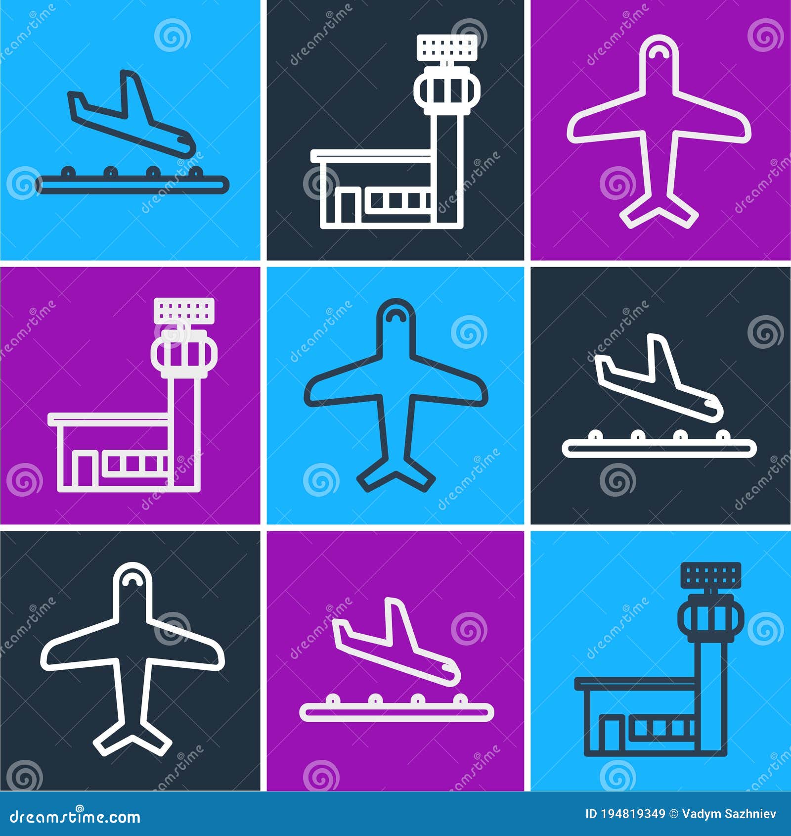 Set Line Plane Landing, Plane and Airport Control Tower Icon. Vector ...
