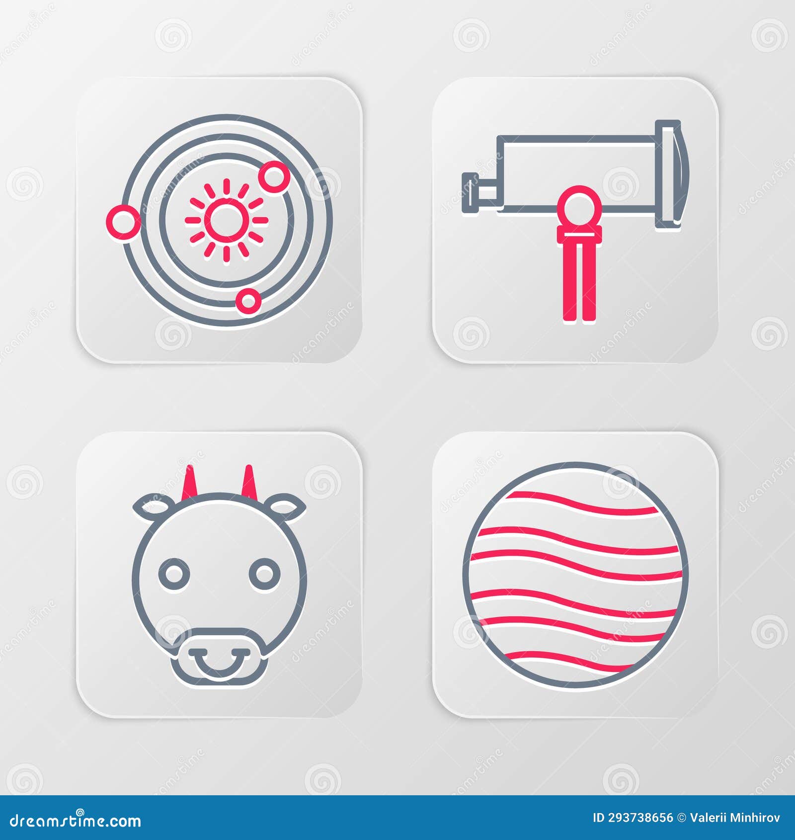 Set Line Planet Jupiter, Ox Zodiac, Telescope and Solar System Icon ...