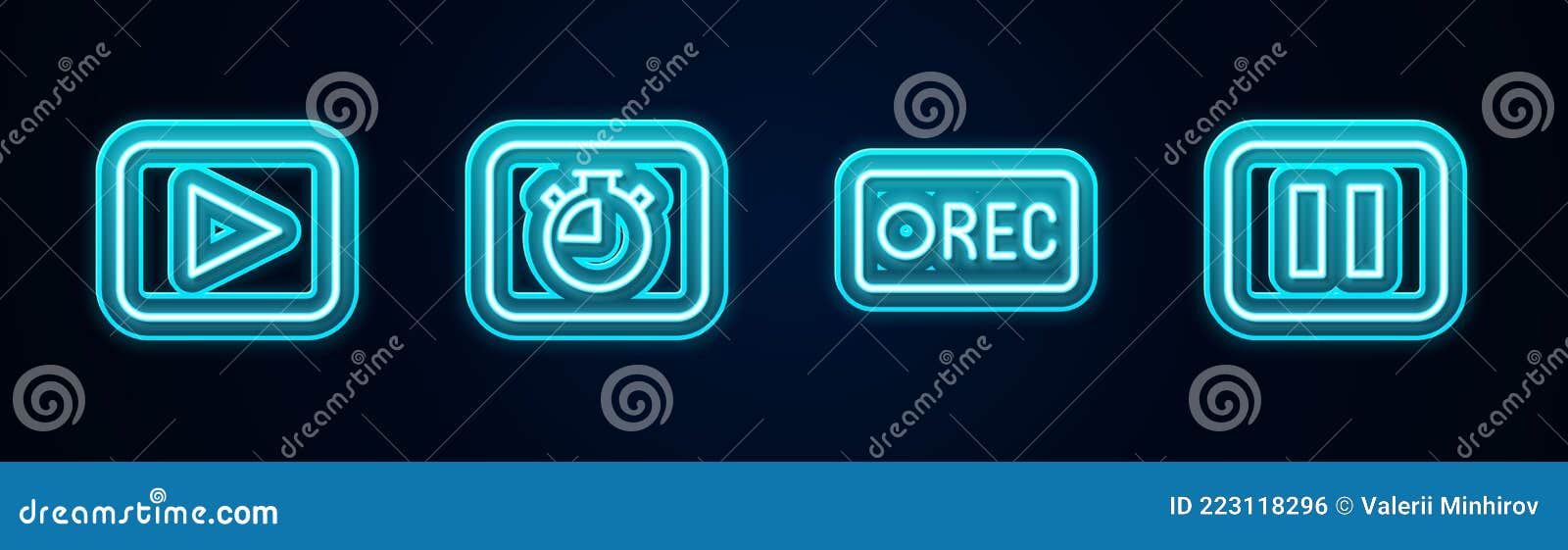 Set Line Play Button, Stopwatch, Record and Pause. Glowing Neon Icon ...