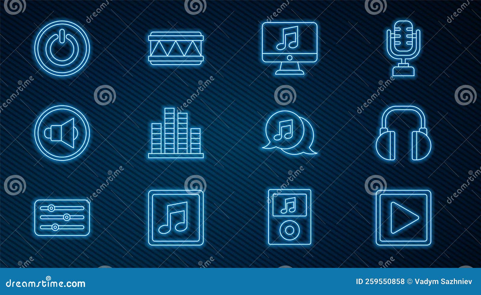 Set Line Play in Square, Headphones, Computer with Music Note, Music ...