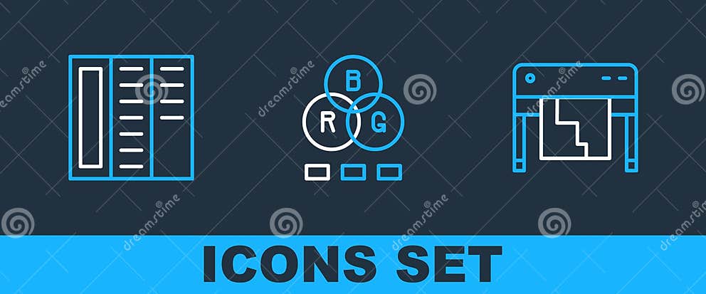 Set Line Plotter, Brochure and RGB Color Mixing Icon. Vector Stock ...