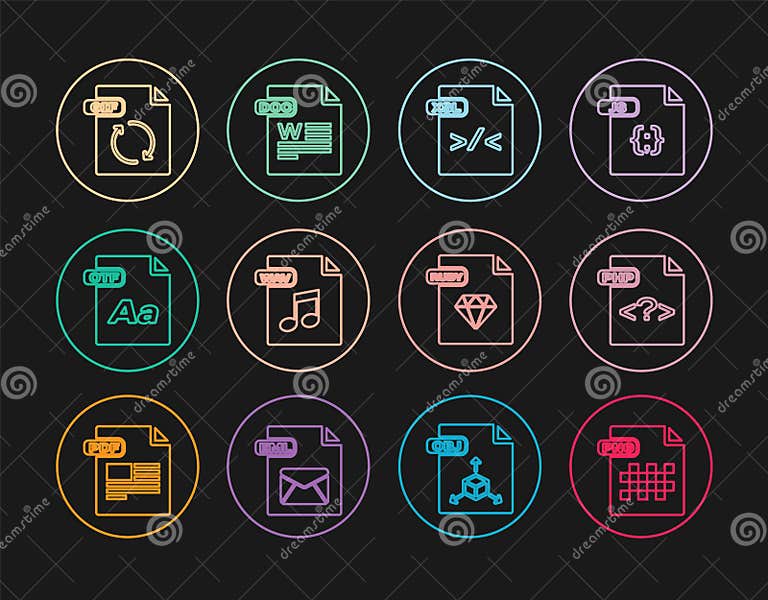 Set Line Png File Document Php Xsl Wav Otf Ruby And Doc Icon Vector Stock