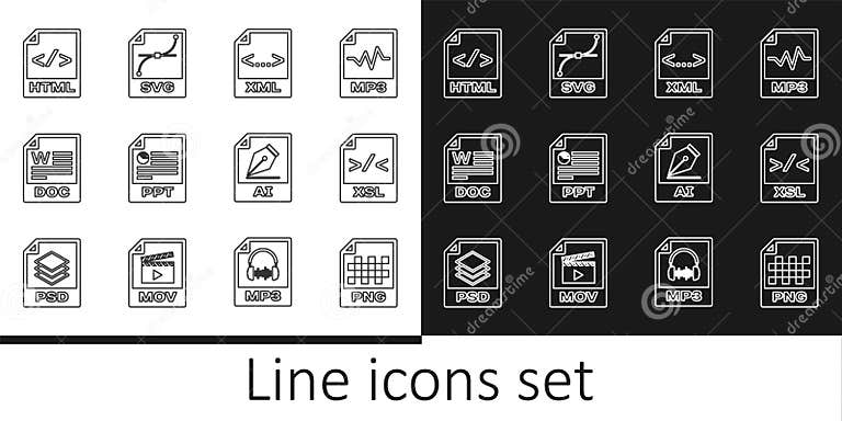 Set Line PNG File Document, XSL, XML, PPT, DOC, HTML, AI and SVG Icon ...