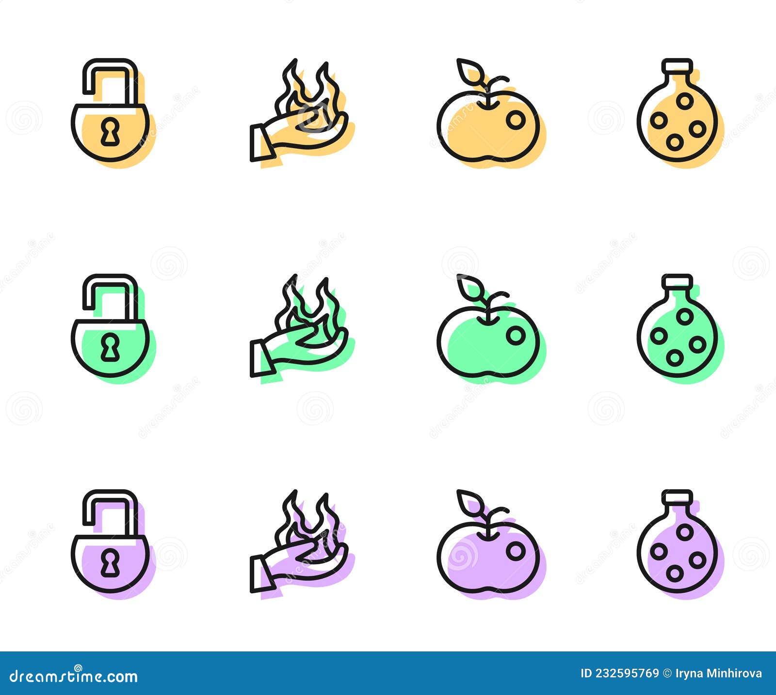 Set Line Poison Apple, Open Padlock, Hand Holding Fire and Bottle with ...