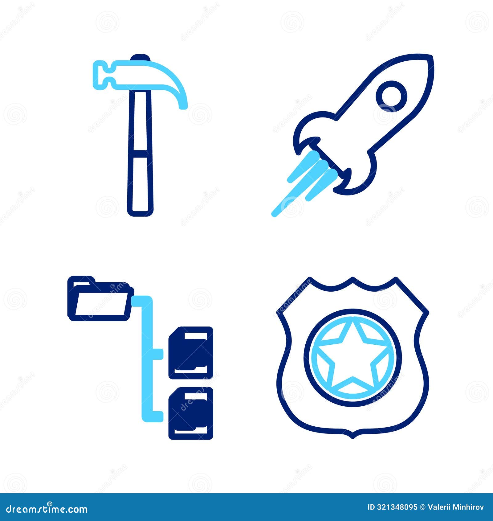 Set Line Police Badge, Folder Tree, Rocket Ship with Fire and Hammer ... Set Line Police Badge, Folder Tree, Rocket Ship with Fire and Hammer ...