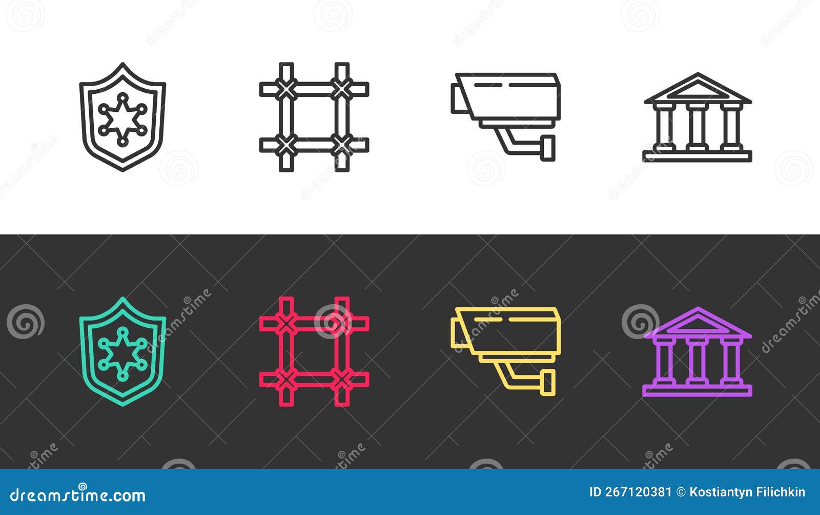 Set Line Police Badge, Prison Window, Security Camera and Courthouse ...