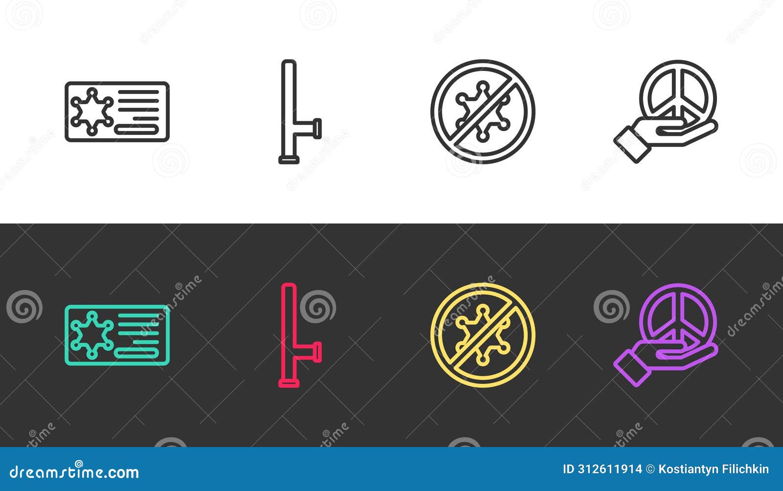 Set Line Police Badge, Rubber Baton, Protest and Peace on Black and ...