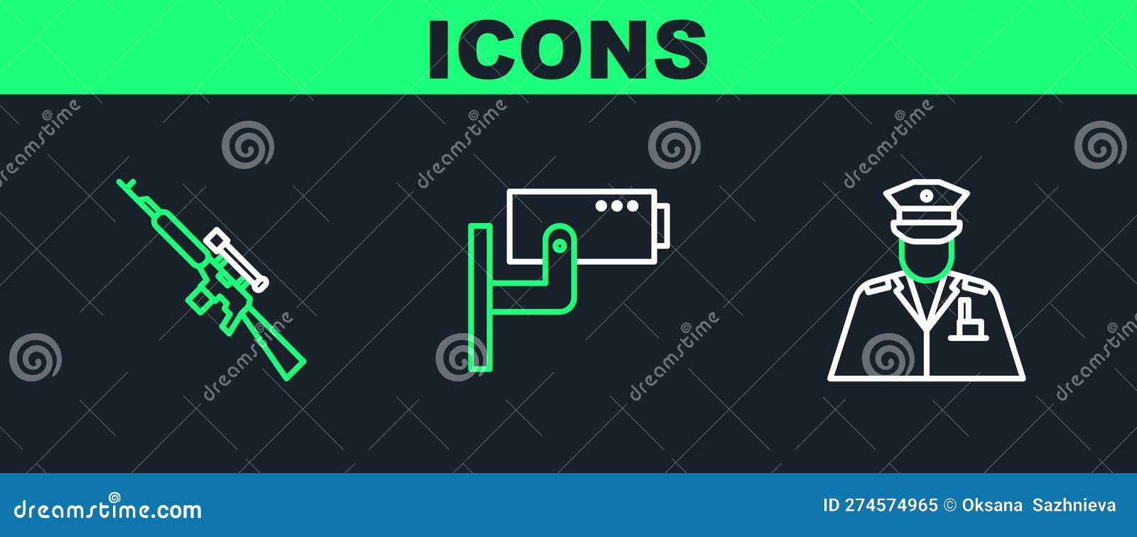 Set Line Police Officer, Sniper Rifle with Scope and Security Camera ...