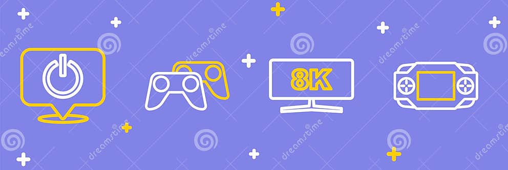 Set Line Portable Video Game Console, Computer Monitor, Game Controller Joystick and Power ...