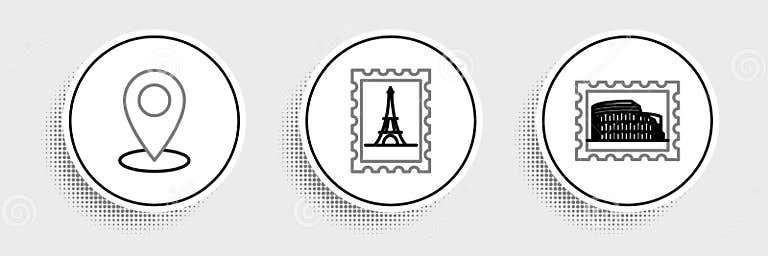 Set Line Postal Stamp and Coliseum, Map Pin and Eiffel Tower Icon ...