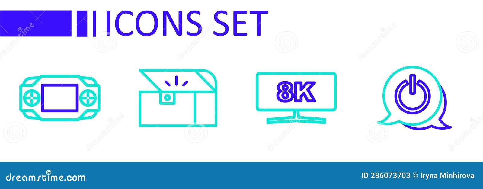 Set Line Power Button, Computer Monitor, Chest for Game and Portable Video Console Icon. Vector ...