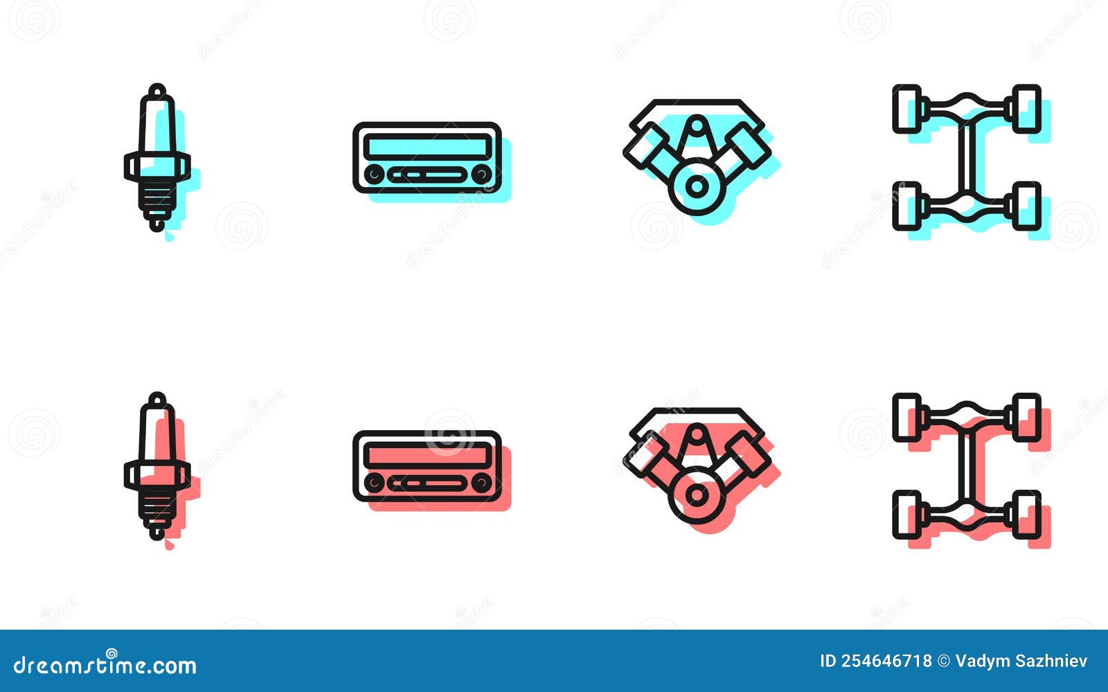 Set Line Power Car Engine, Car Spark Plug, Audio and Chassis Icon ...