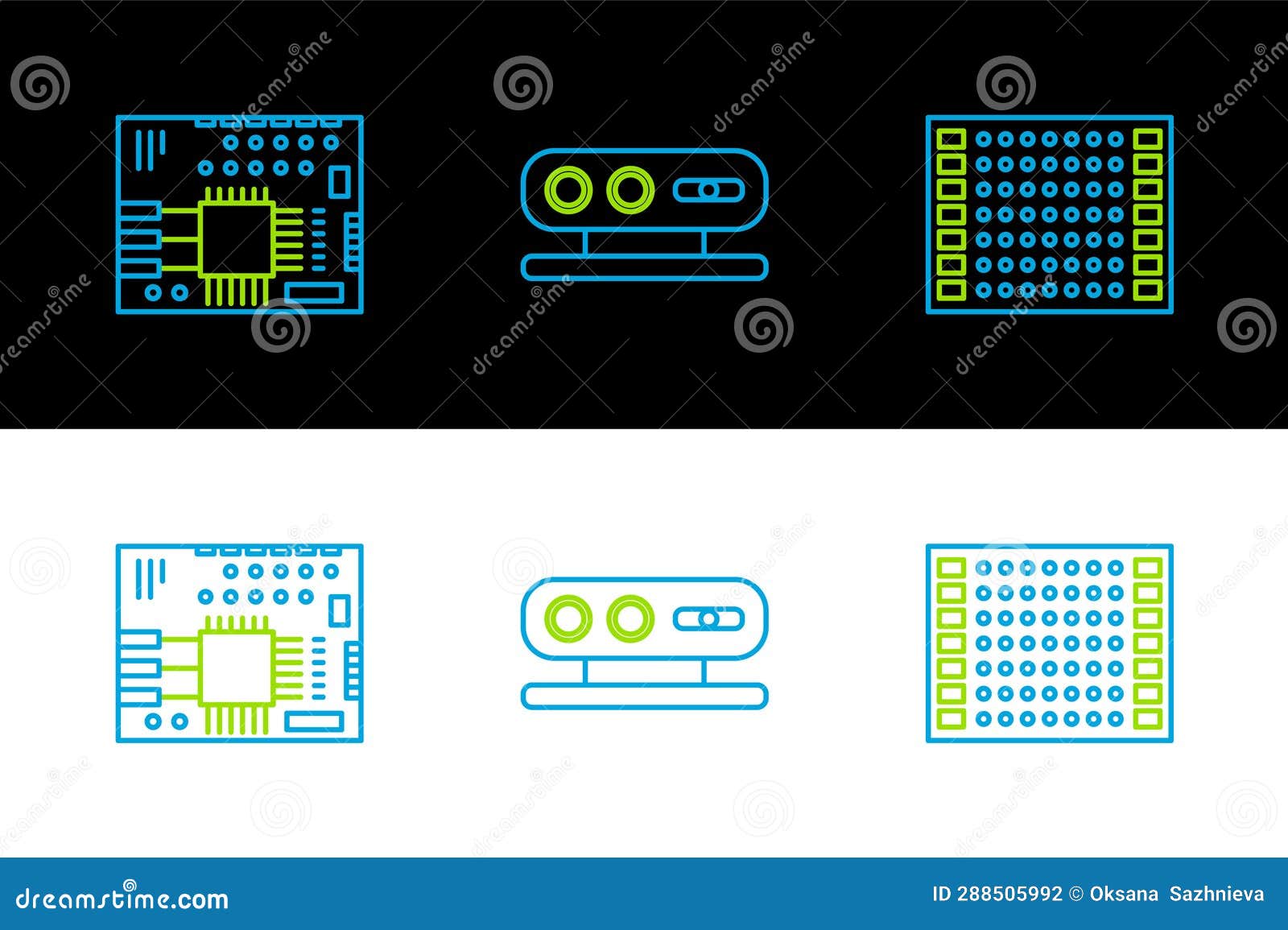 Set Line Printed Circuit Board PCB, and 3d Scanning System Icon. Vector ...