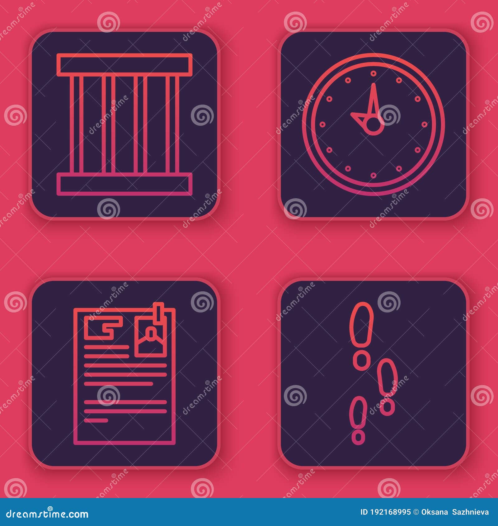 Set Line Prison Window, Lawsuit Paper, Clock and Footsteps. Blue Square ...