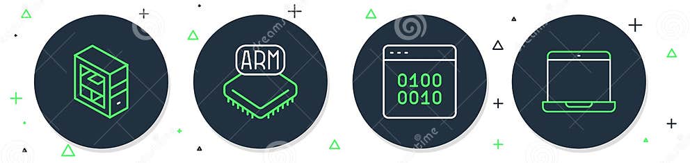 Set Line Processor Binary Code Computer And Laptop Icon Vector Stock