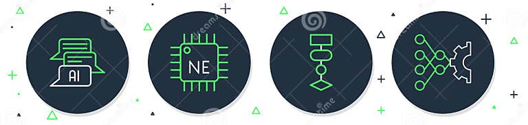 Set Line Processor Cpu Algorithm Chat Bot And Neural Network Icon 