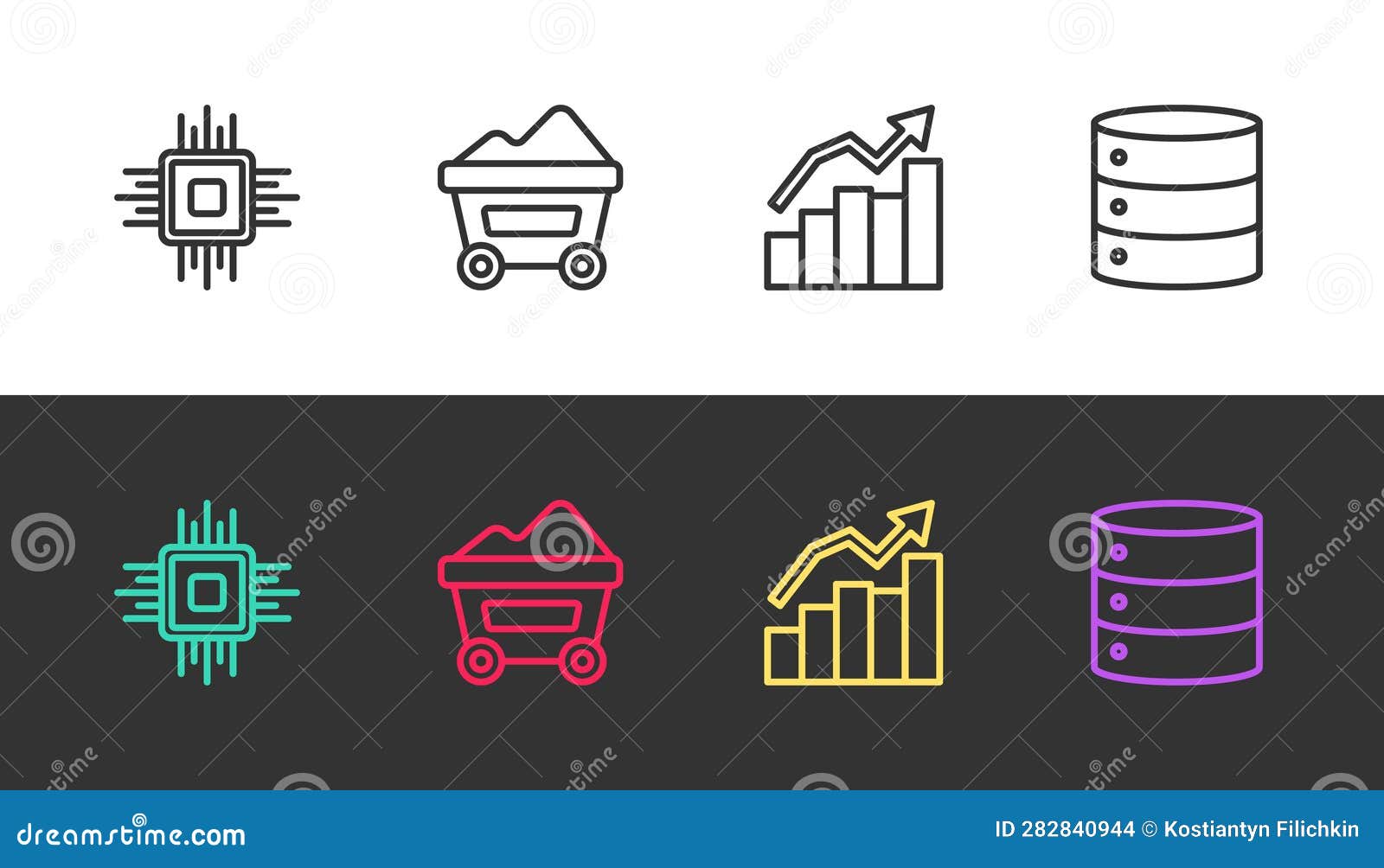 Set Line Processor CPU, Coal Mine Trolley, Financial Growth and Server on Black and White ...