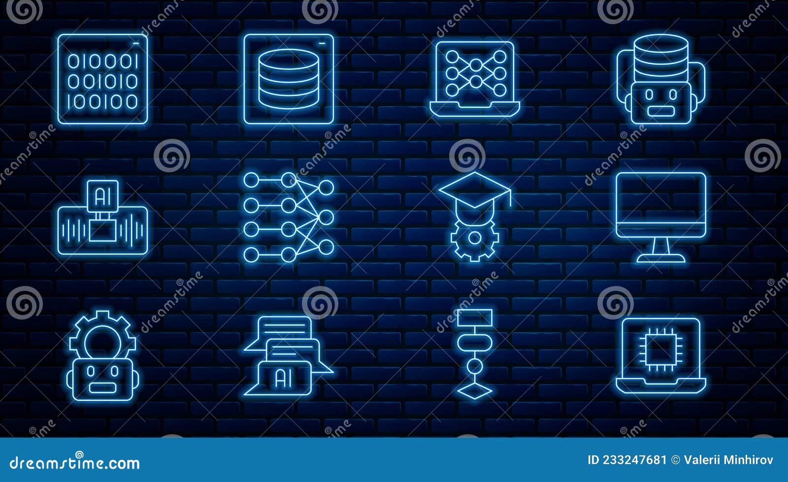 Set Line Processor Cpu Computer Monitor Neural Network Artificial Intelligence Ai Binary 8210