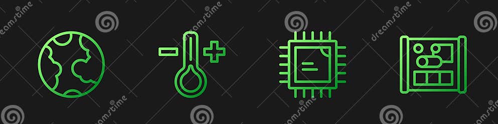 Set Line Processor CPU, Earth Globe, Thermometer and Graphing Paper for Engineering. Gradient ...