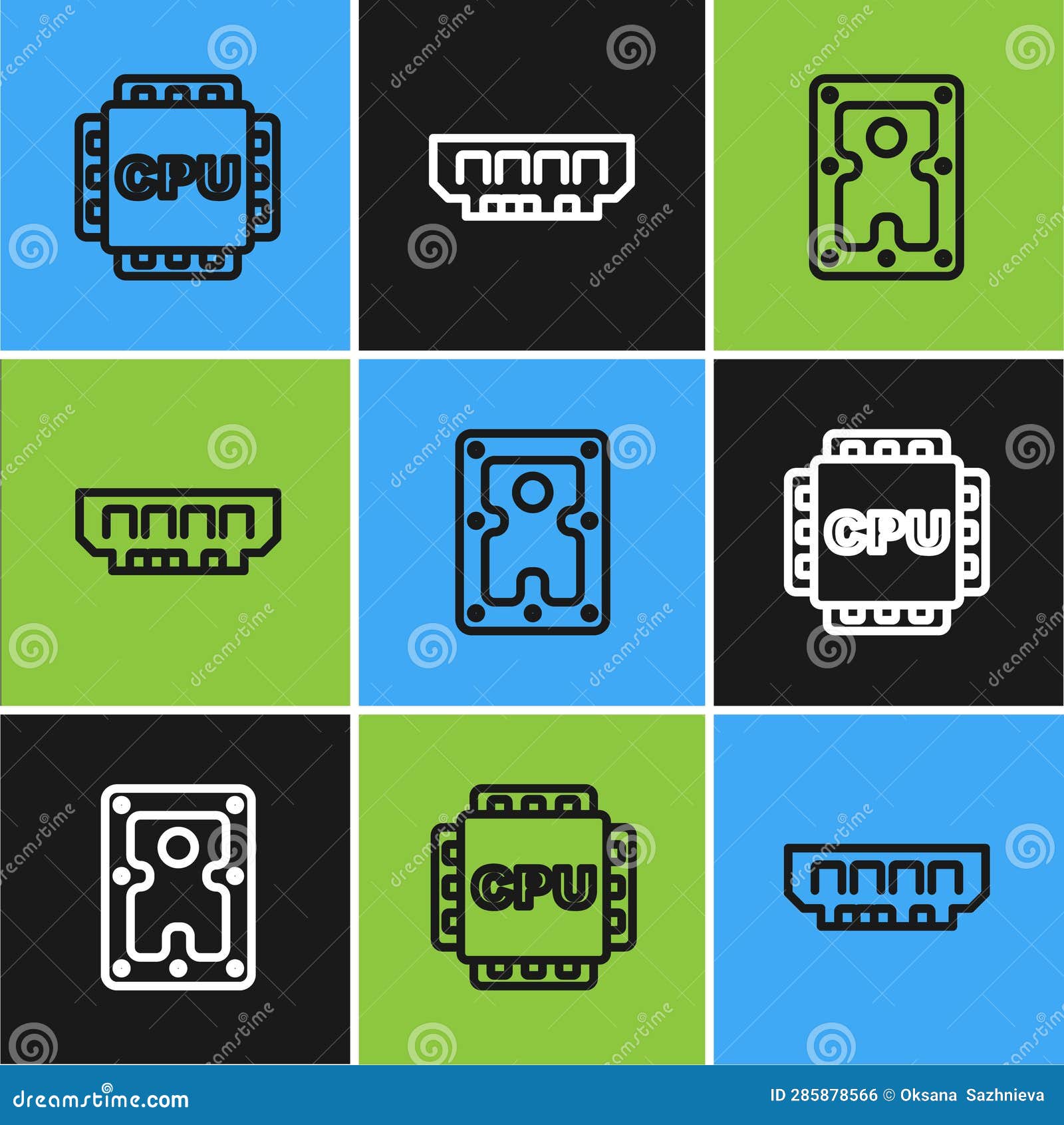 Set Line Processor with CPU, Hard Disk Drive HDD and RAM, Random Access Memory Icon. Vector ...