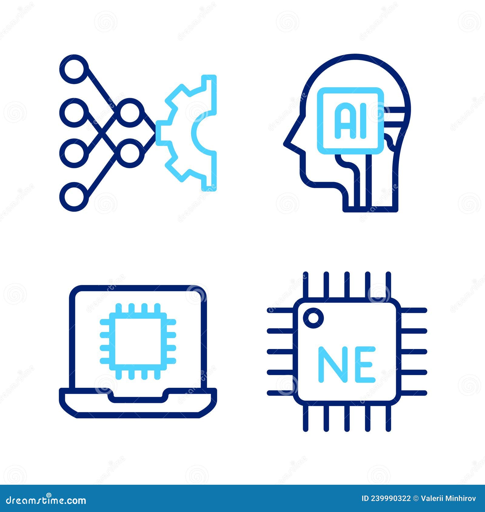 Set Line Processor CPU, Humanoid Robot and Neural Network Icon. Vector Stock Vector ...
