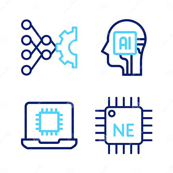 Set Line Processor CPU, Humanoid Robot and Neural Network Icon. Vector Stock Vector ...
