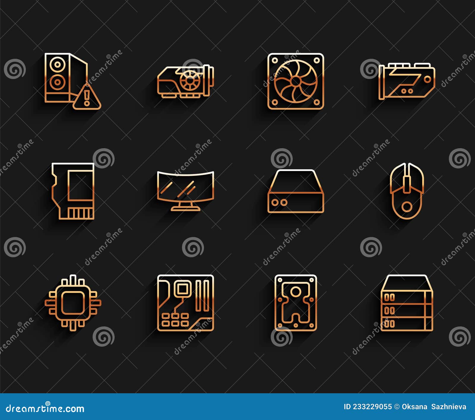 Set Line Processor with CPU, Motherboard Digital Chip, Case of Computer, Hard Disk Drive HDD ...