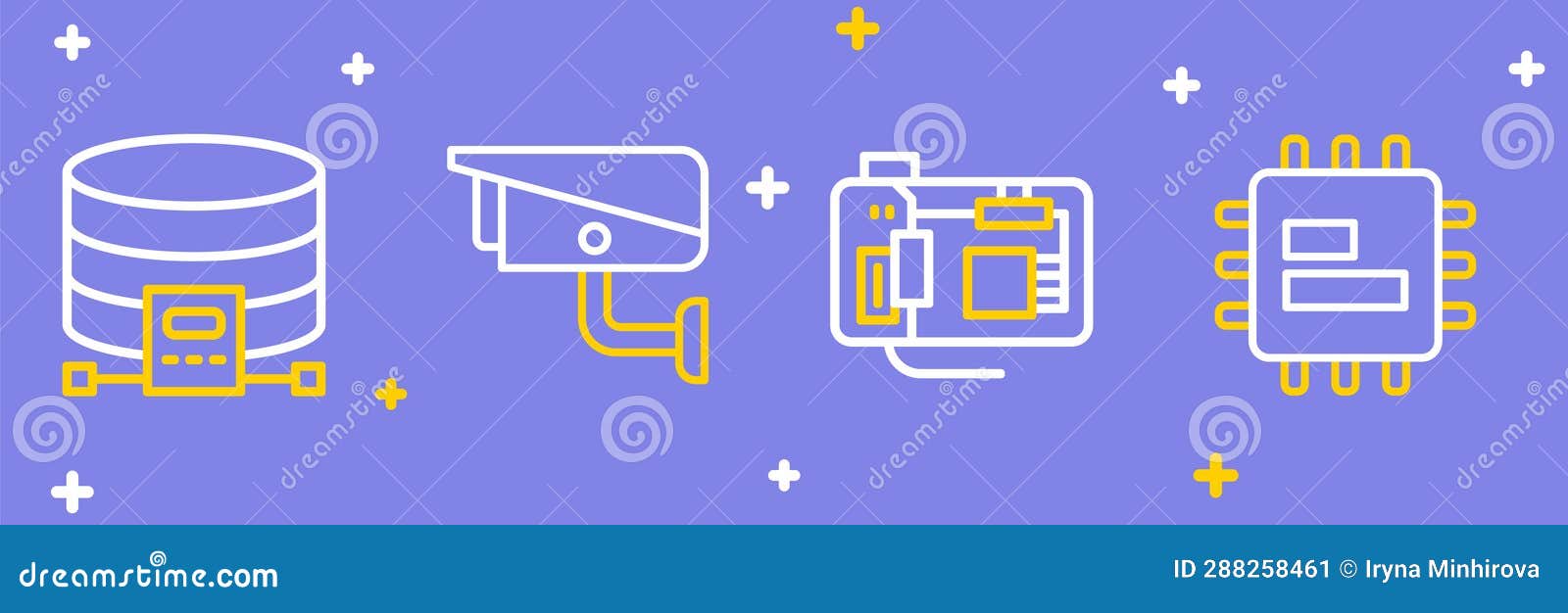 Set Line Processor CPU, Motherboard, Security Camera and Cloud Database Icon. Vector Stock ...