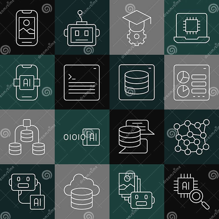 Set Line Processor CPU, Neural Network, Computer Api Interface, Graduation Cap, Web Developer ...