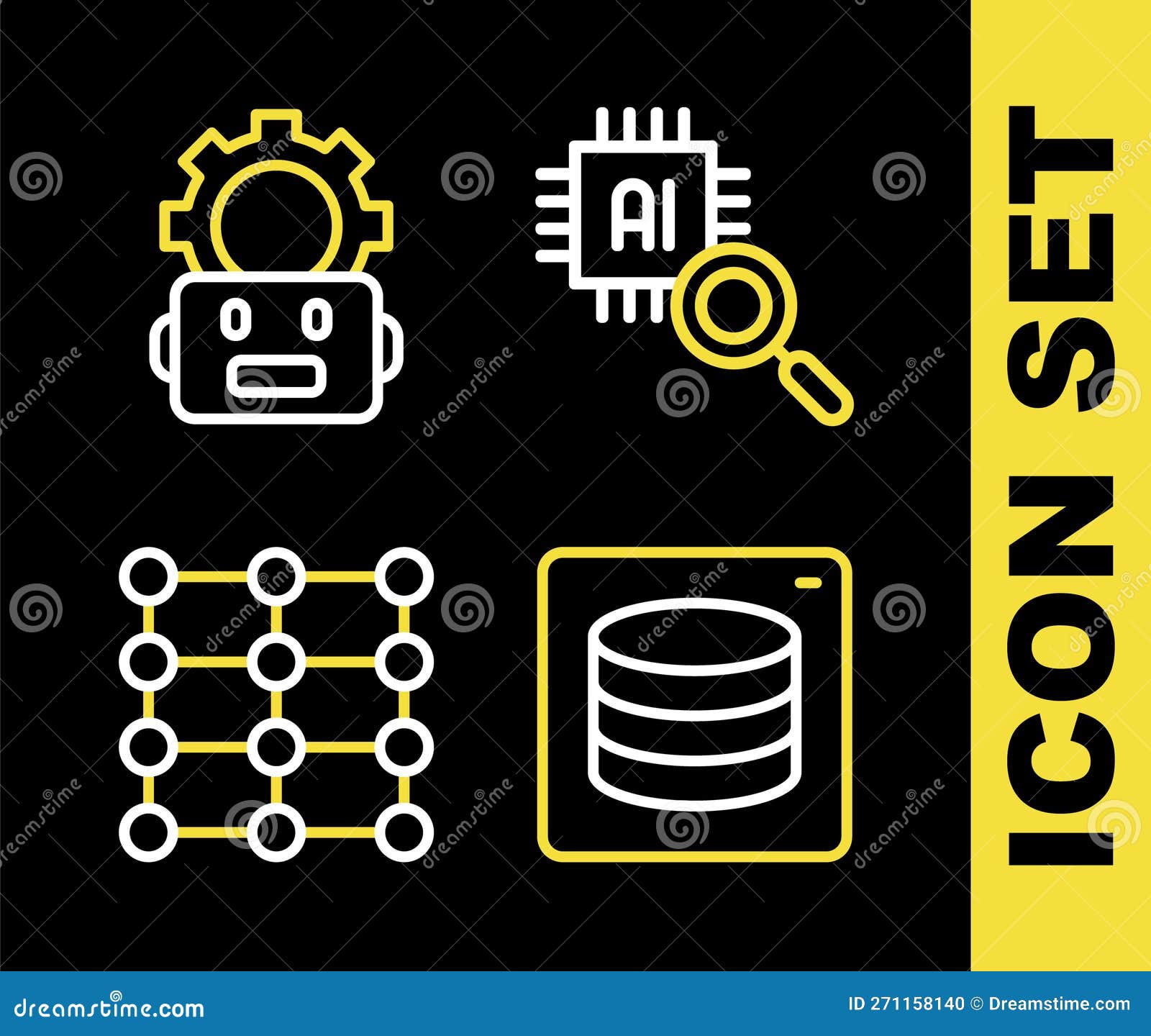Set Line Processor CPU, Server, Data, Neural Network and Robot Setting Icon. Vector Stock ...