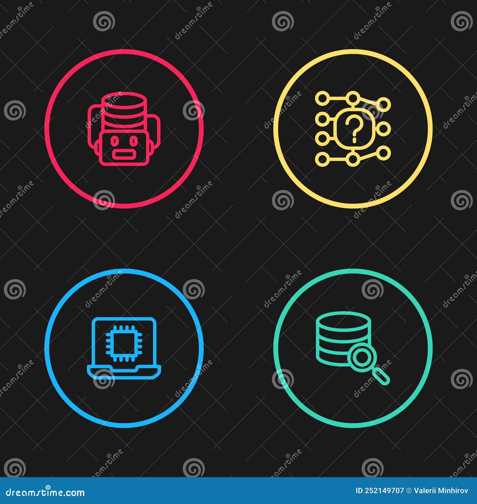 Set Line Processor CPU, Server, Neural Network and Artificial Intelligence Robot Icon. Vector ...
