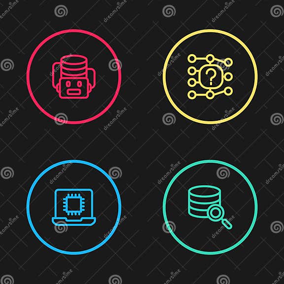 Set Line Processor CPU, Server, Neural Network and Artificial Intelligence Robot Icon. Vector ...