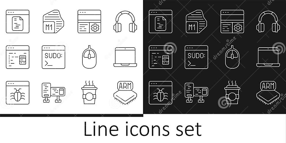 Set Line Processor, Laptop, Debugging, Code Terminal, Software, Computer Mouse and Icon. Vector ...
