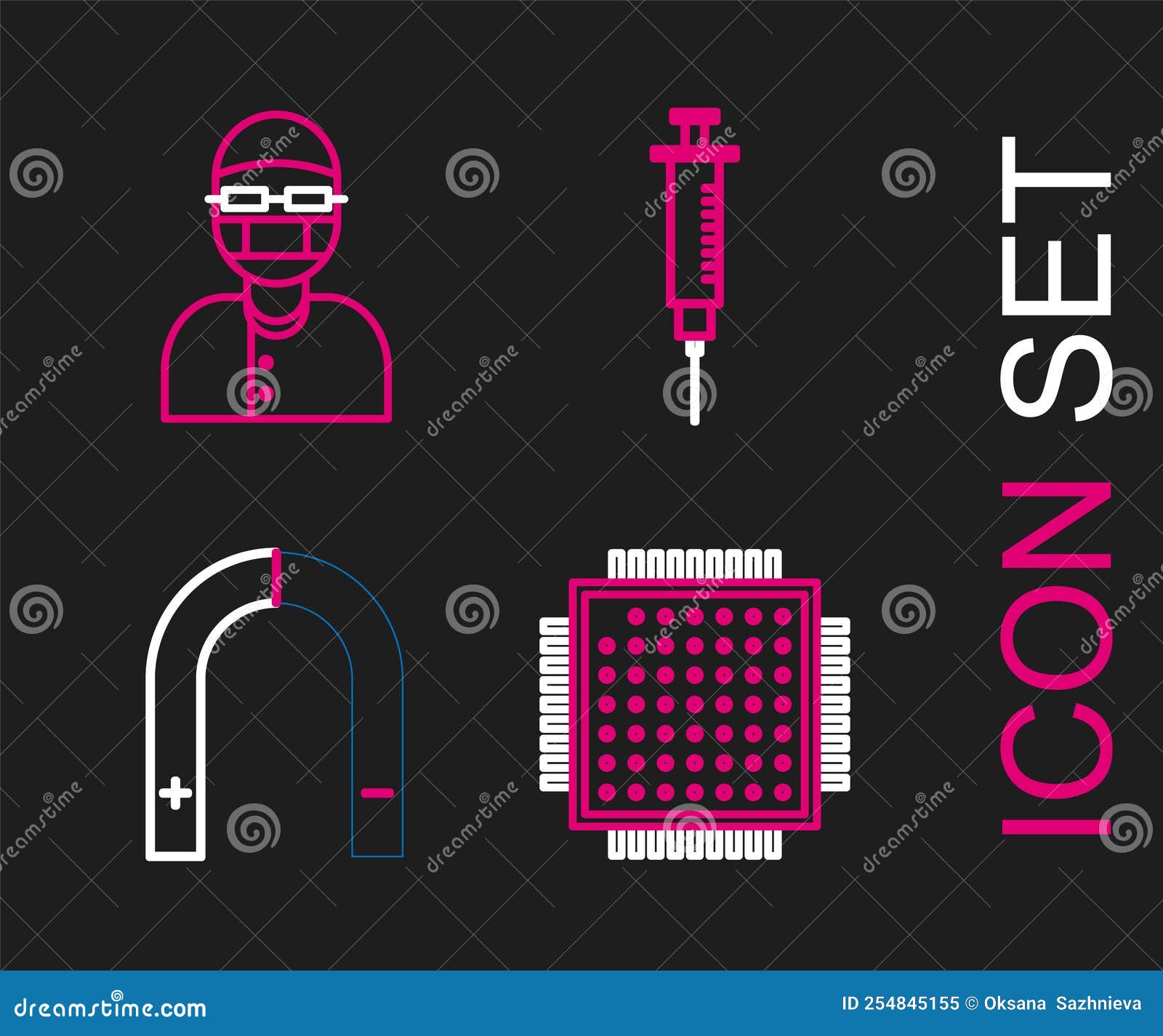 Set Line Processor, Magnet, Syringe and Assistant Icon. Vector Stock Vector - Illustration of ...