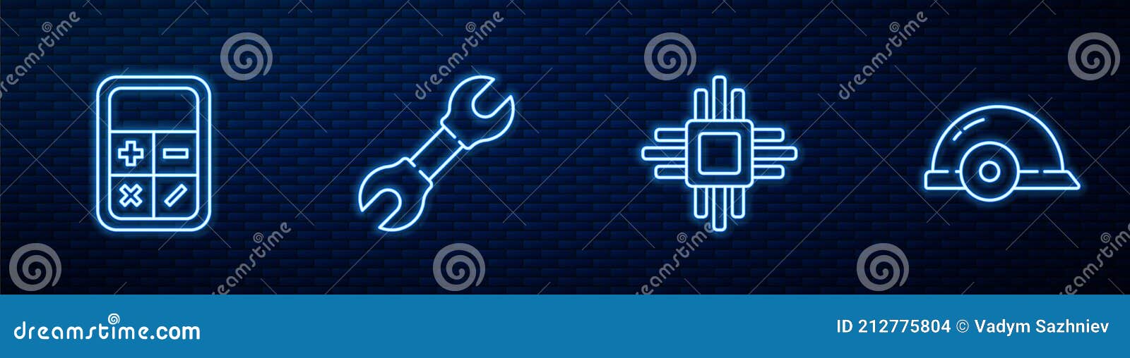 Set Line Processor with Microcircuits CPU, Calculator, Wrench Spanner and Worker Safety Helmet ...