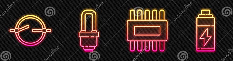 Set Line Processor with Microcircuits CPU, Electric Circuit Scheme, LED Light Bulb and Battery ...