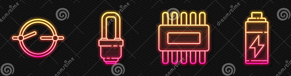 Set Line Processor with Microcircuits CPU, Electric Circuit Scheme, LED Light Bulb and Battery ...