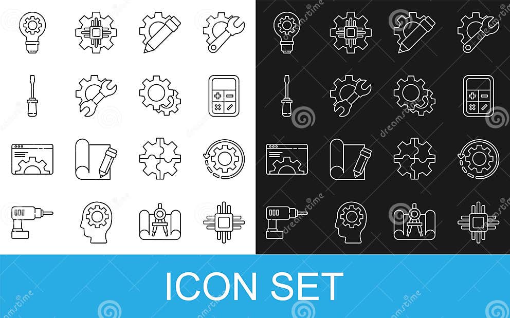 Set Line Processor with Microcircuits CPU, Gear and Arrows As Workflow, Calculator, Pencil Gear ...