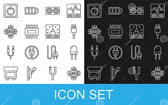 Set Line Processor with Microcircuits CPU, Light Emitting Diode, USB Cable Cord, Electrical ...