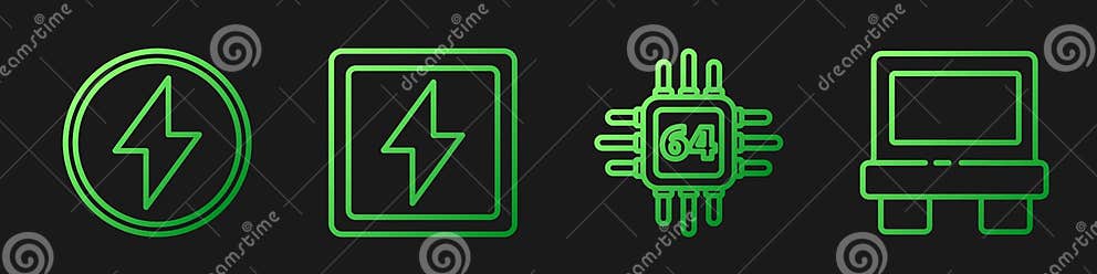 Set Line Processor with Microcircuits CPU, Lightning Bolt, Lightning Bolt and Fuse. Gradient ...