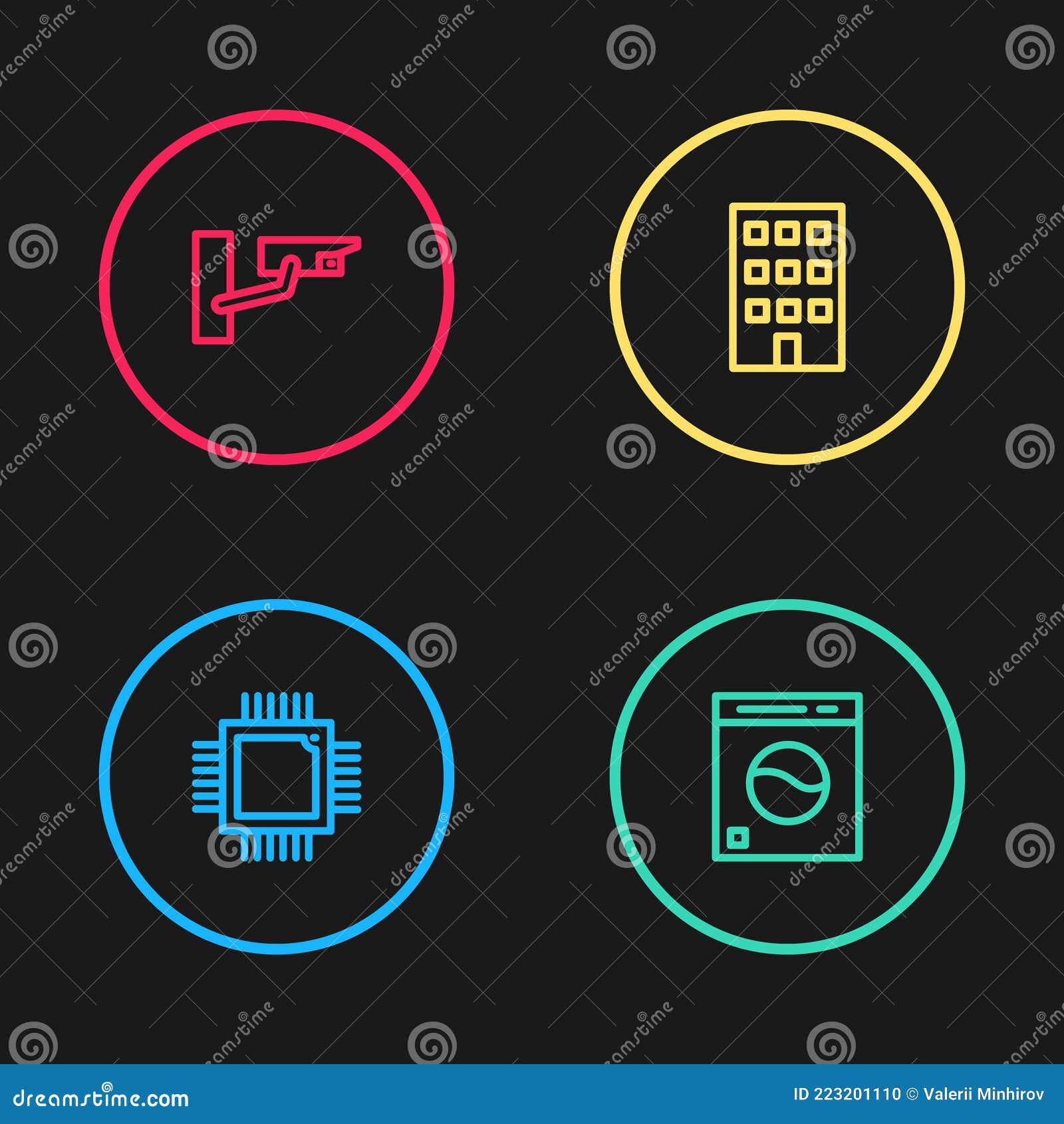 Set Line Processor with Microcircuits CPU, Washer, House and Security Camera Icon. Vector Stock ...