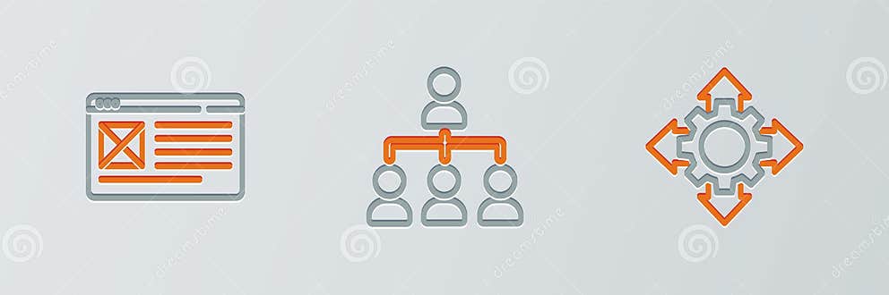 Set Line Project Team Base, Browser Window and Hierarchy Organogram Chart Icon. Vector Stock ...