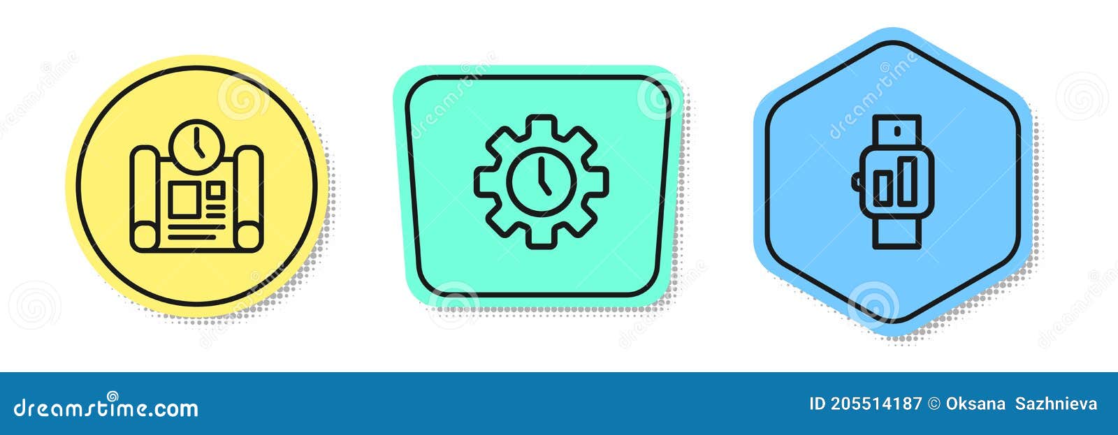 Set Line Project Time Plan, Time Management and Smartwatch. Colored ...