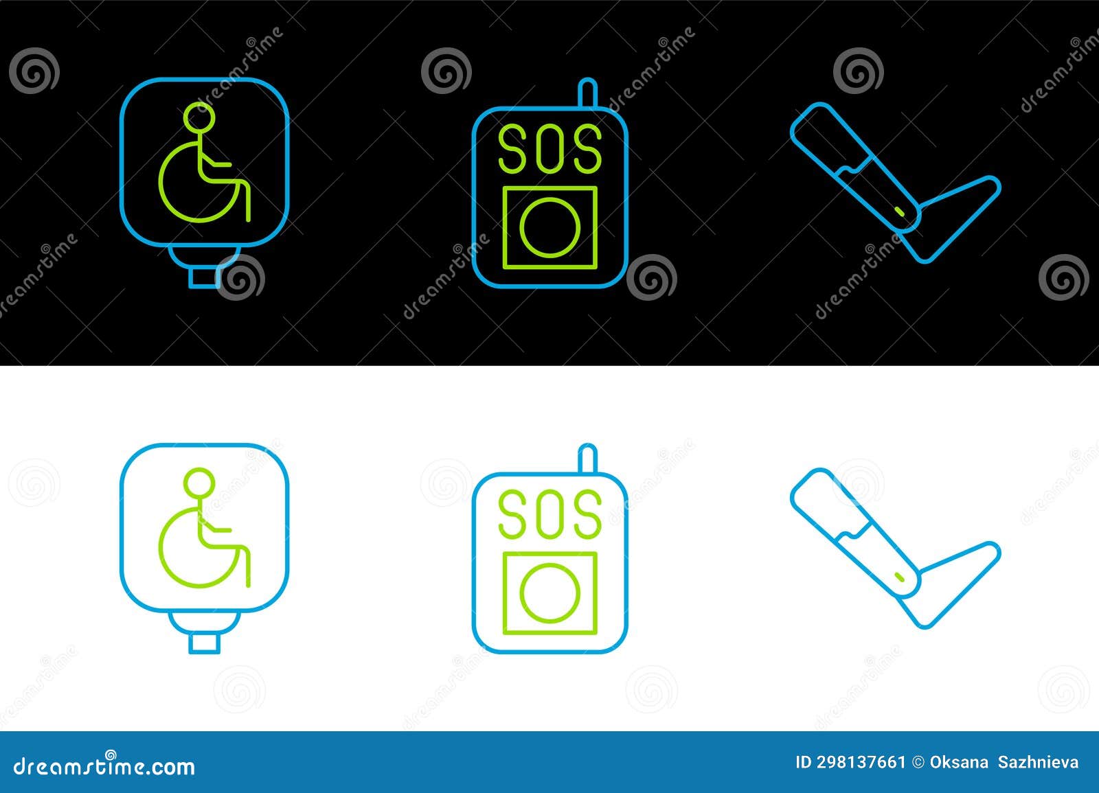 Set Line Prosthesis Leg, Disabled Wheelchair and Press SOS Button Icon ...