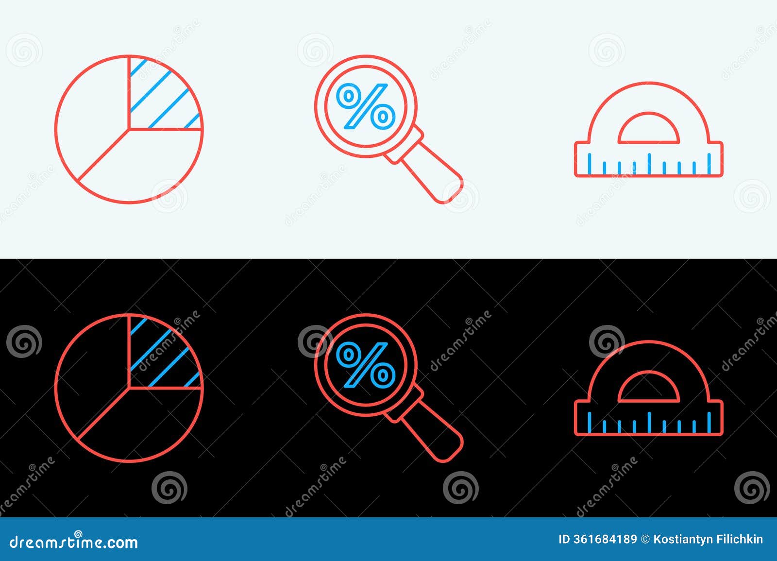 Set Line Protractor, Pie Chart Infographic and Magnifying Glass with ...