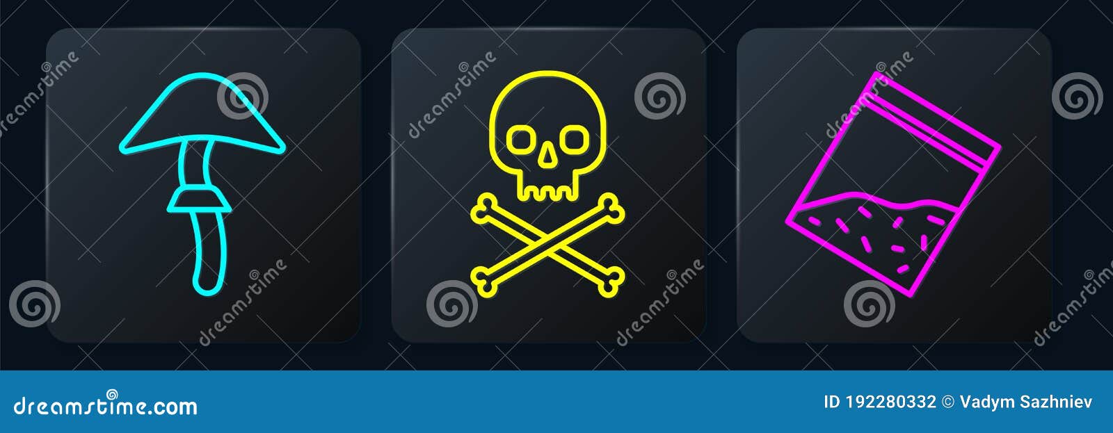 Set Line Psilocybin Mushroom, Plastic Bag of Drug and Skull on ...