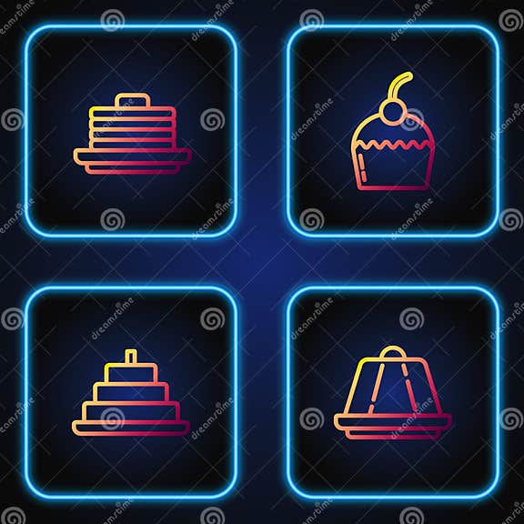 Set Line Pudding Custard, Cake with Burning Candles, Stack of Pancakes ...