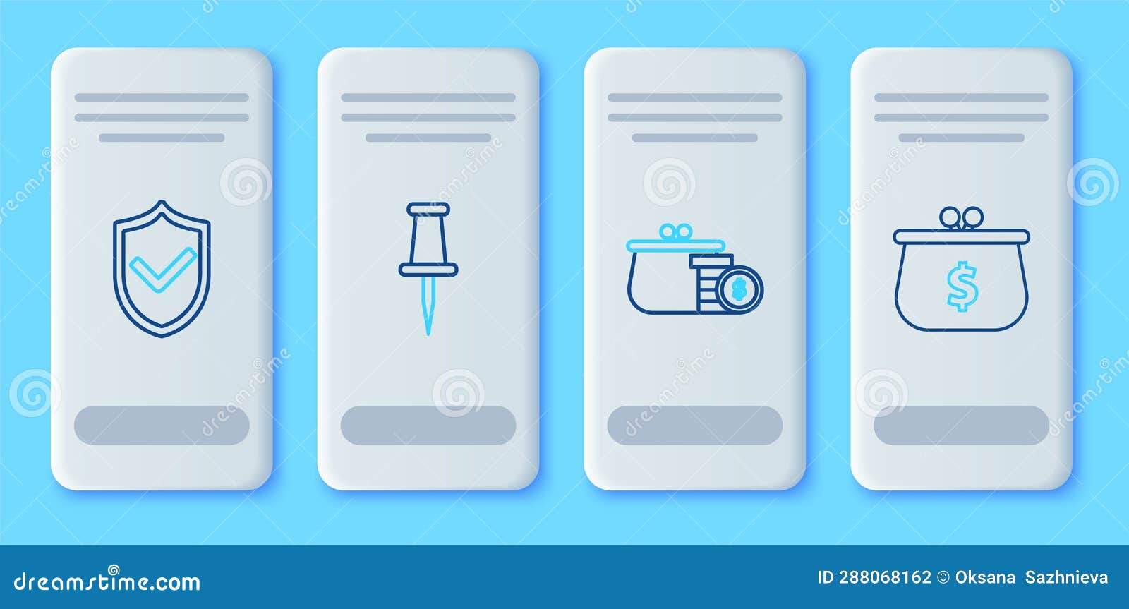 Set Line Push Pin, Wallet with Coins, Shield Check Mark and Dollar ...